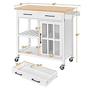 Yaheetech Kitchen Island on Wheels with Drawers, Rolling Kitchen Cart with Tempered Glass Storage Cabinet Door, Bamboo Top, 2 Tiers Shelves, and Towel Rack, 40x18x36 Inches, White