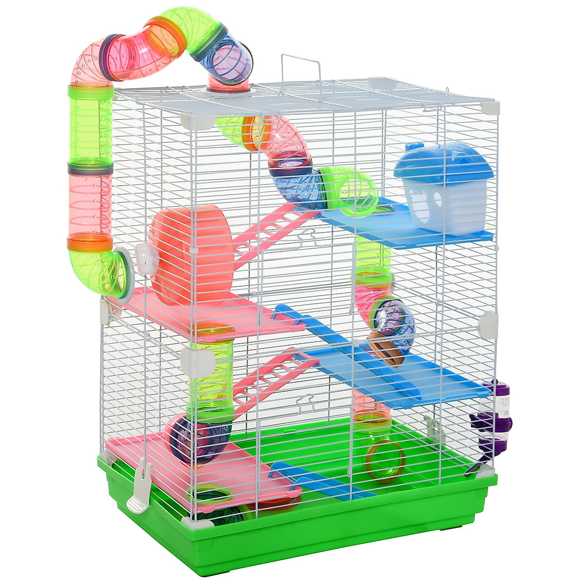 PawHut 18" 5 Tier Hamster Cage with Tubes and Tunnels, Small Animal Cage with Portable Carry Handle, Gerbil Cage with Water Bottle, Food Dish, Exercise Wheel