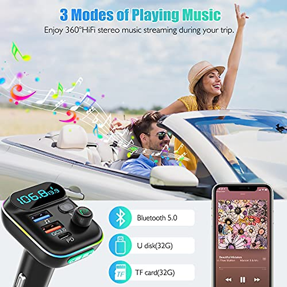 LENCENT FM Transmitter in-Car Adapter, Wireless Bluetooth 5.0 Radio Car Kit,Type-C PD + QC3.0 Fast USB Charger, Hands Free Calling, Mp3 Player Receiver Hi Fi Bass Support U Disk