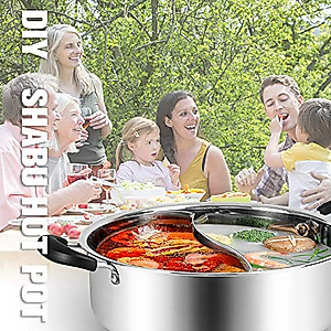 Hot Pot with Divider, Shabu Shabu Hot Pots Food Grade Stainless Steel Chinese Dual Sided Pot Set for Induction Cooktop Gas Stove