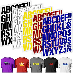 20 Sheets 880 Pieces Iron on Letters for Clothing, 2 Inch 5 Colors Heat Transfer Vinyl Patches PU Alphabets Sticker T-Shirt Printing DIY Crafts Decorations (Black, White, Yellow, Red, Blue)