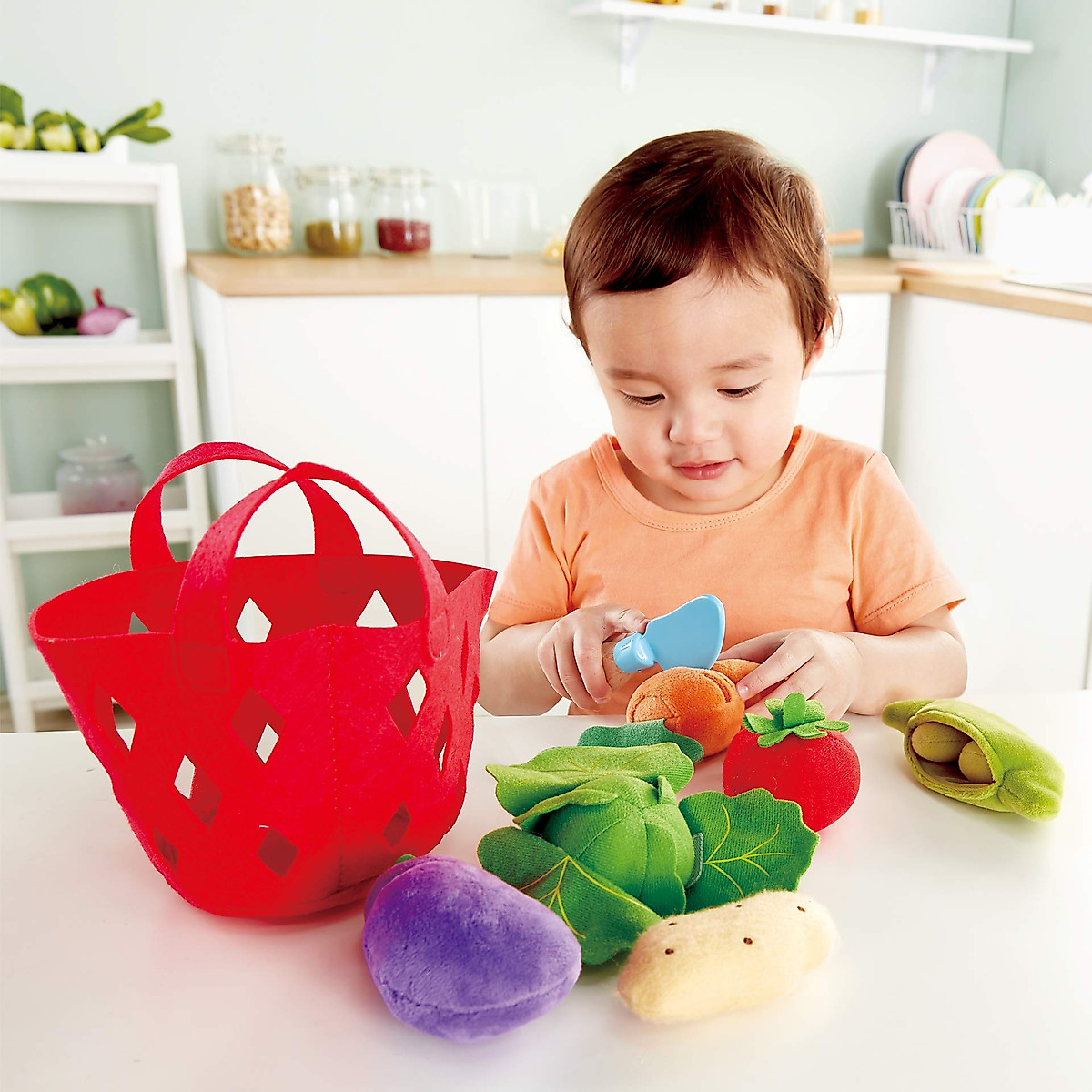 Hape Toddler Vegetable Basket |Soft Vegetable Shopping Basket, Toy Grocery Food Playset Includes Cabbage, Bean Pod, Carrot, and More