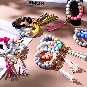 Misdary 15 Pcs Silicone Key Ring Bracelet Women Portable Key Chains Beaded Car Keys Keychain Wristlet Holder Bangle Chain with Tassel for Women
