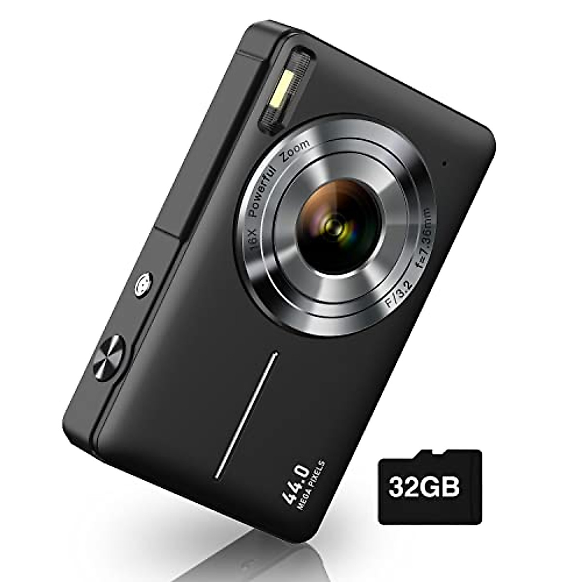 Digital Camera, FHD 1080P Kids Camera 44MP Point and Shoot Digital Cameras with 32GB SD Card, 16X Zoom, Two Batteries, Lanyard, Compact Small Camera for Kids Boys Girls Teens Students Seniors-Black