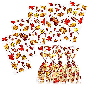 Kesote 100 Pieces Fall Thanksgiving Cellophane Treat Bags, Clear Pumpkin Maple Leaf Goodie Candy Treat Bags Bulk with Twist Ties for Thanksgiving Autumn Fall Party Favor Supplies