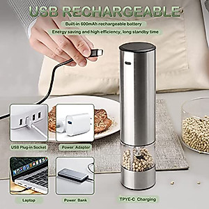 Electric Salt and Pepper Grinder,Black Pepper Grinder Refillable Sea Salt Grinder with LED Light Adjustable Coarseness Pepper MillsUSB Rechargeable One Hand Gravity Salt Grinder