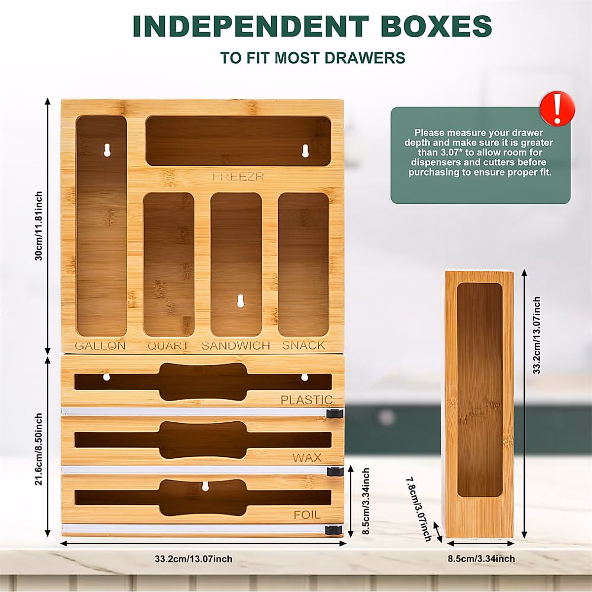 Storage Bag Organizer for Drawer, Foil and Plastic Wrap Dispenser with Cutter for Kitchen, 9-in-1 Storage for Snack, Gallon, Sandwich and More