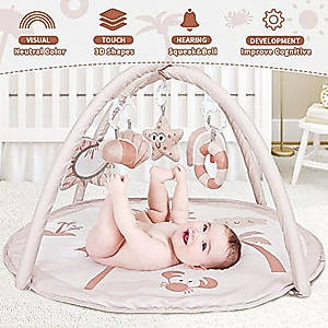 Baby Gym and Infant Play Mat, Sensory and Motor Skill Development Language Discovery Activity Gym, Non Slip Washable Playmats for Babies to Toddlers (Beach Theme)