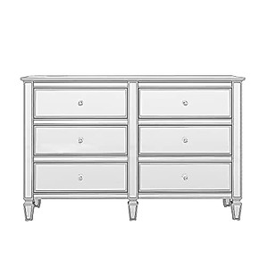SOFTSEA Modern 6 Drawer Mirrored Dresser, Glass Dresser & Chest of Drawers for Bedroom, Silver Finished Storage Cabinet with Crystal Knobs, Easy Assembly
