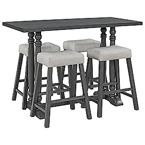 Hlcodca Modern 5-Piece Dining Table Set, Counter Height Dining Furniture with a Rustic Table and 4 Upholstered Stools for Kitchen, Dining Room (Gray@Y)
