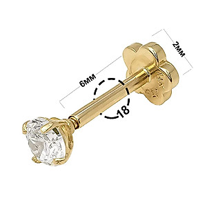 JewelryWeb - Solid 14k Gold 18G Cubic Zirconia Piercing Jewelry for Conch, Tragus, Helix - Labret Cartilage Earring - Internally Threaded Flat Back Stud - Hypoallergenic Body Jewelry