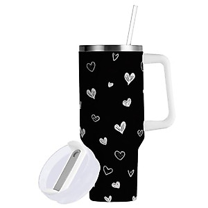 PaChyLuu 40 oz Insulated Tumbler with Handle and Straw Lid, Black White Heart Valentine's Day Leak-Proof Stainless Steel Travel Coffee Mug for Car Cup Holder