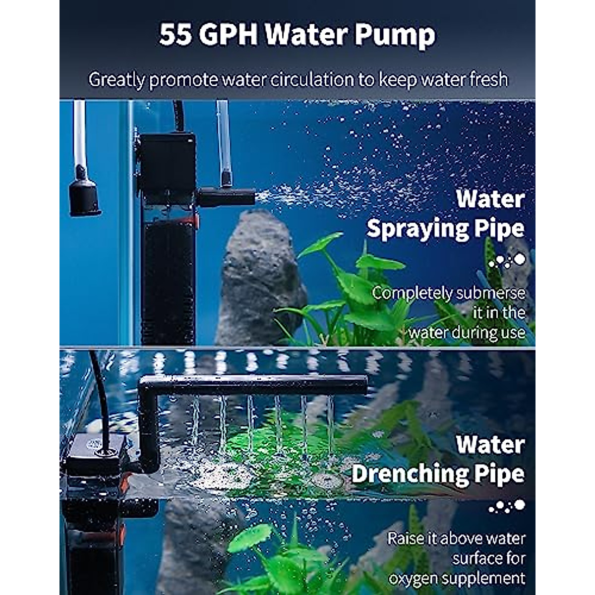 Pawfly Internal Aquarium Filter, Submersible Power Filter with 55 GPH Water Pump for 3 to 10 Gallon Fish Tanks Filtration Circulation and Oxygenation