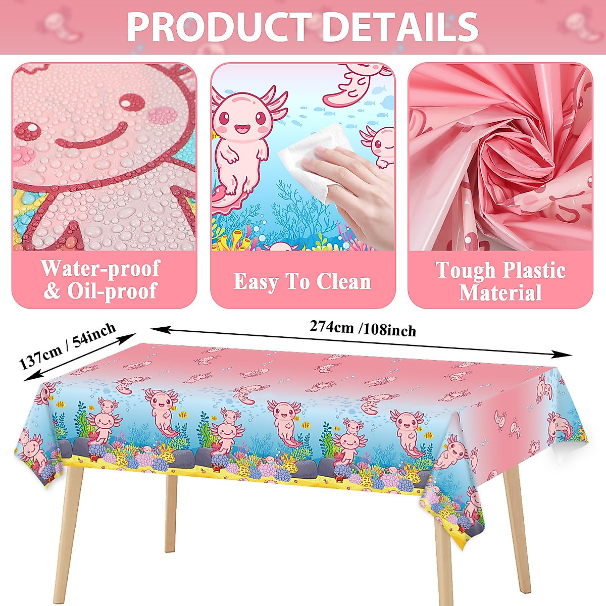 chiazllta 20 Guests Pink Cartoon Axolotl Birthday Party Supplies Reptile Animals Party Tableware Set Girl Axolotl Party Decor Favors Disposable 7-Inch Plates Napkin Tablecloths for Axolotl Baby Shower