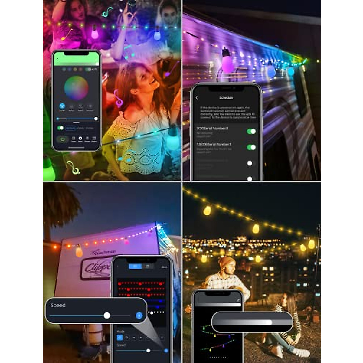 Outdoor String Lights Custom Modes - 50Ft Patio Lights with Rope Fairy App Control RGBW Smart Dimming Outside Light with Schedule Timer 84 LED 15 Edison Bulb for Backyard Garden Party Wedding Holidays