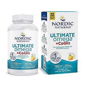 Nordic Naturals Ultimate Omega + CoQ10, Lemon - 120 Soft Gels - 1280 mg Omega-3 + 100 mg CoQ10 - Heart Health, Cellular Energy, Antioxidant Support - Non-GMO - 60 Servings