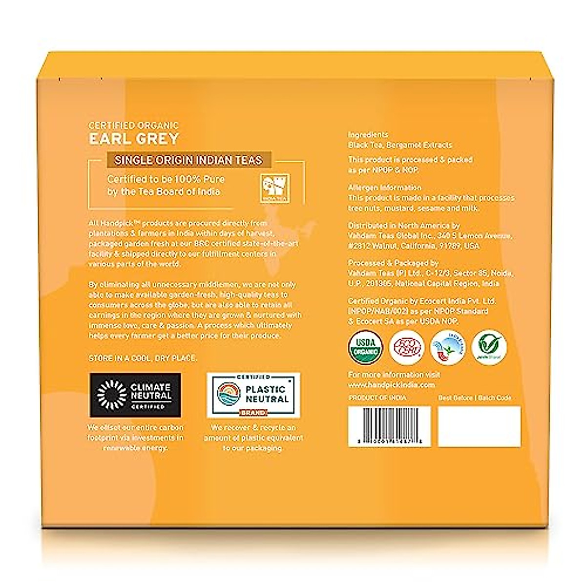 HANDPICK, Organic Earl Grey Black Tea Bags (100 Count) Pure, USDA Organic- Earl Grey Tea Bags |Pure Ingredients - Bergamot Extracts | Citrus Flavor, Brew Hot/Iced Tea with or without milk
