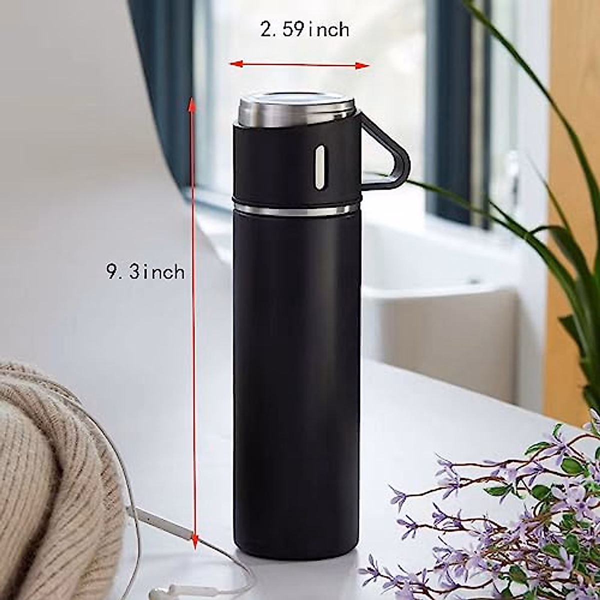 Insulated Water Bottle with Cup Travel Coffee Mug with Handle Stainless Steel Tumblers Thermos for Hot and Cold Drinks Water Flask 17 oz/500ml Black