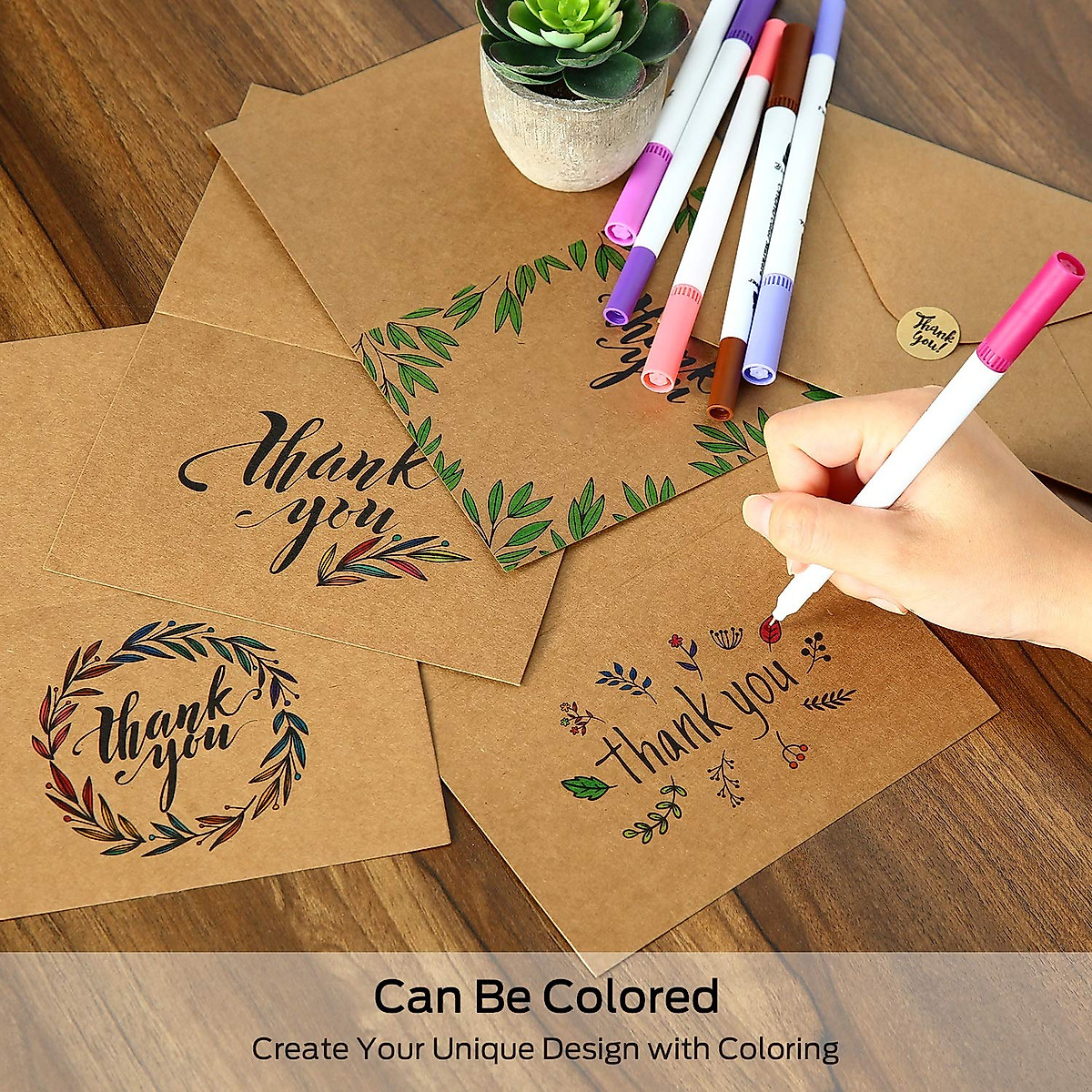 144 Bulk Thank You Cards with Self-Seal Envelopes, Brown Kraft Thank You Notes Box Set with Elegant 8 Designs Greeting Card for Wedding, Business, Birthday, Baby Shower, Blank Inside, 4 x 6 Inch