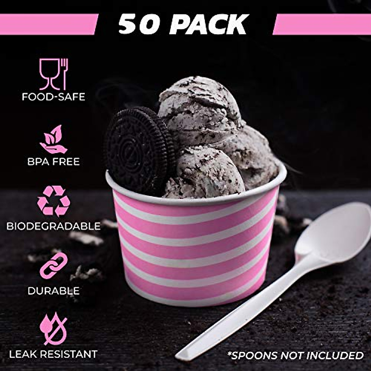 TYPTOP Premium Paper Ice Cream Cups, 50-Pack 12 oz Disposable Dessert cups for Hot and Cold, 12-ounce pink stripe