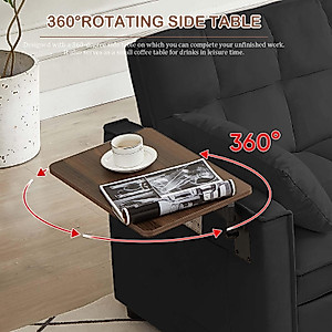 Antetek 3 in 1 Convertible Sofa Bed w/360° Rotating Side Table, 47" Modern Velvet Loveseat Sofa, Small Sleeper Pullout Bed w/Adjustable Backrest for Living Room Apartment, Office, Small Space, Black