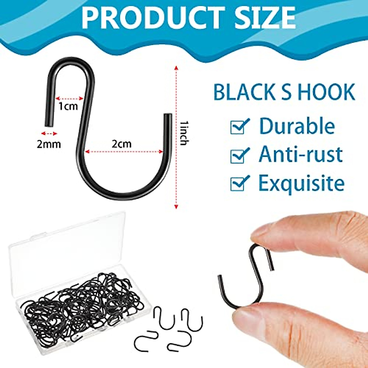 120 Pieces Small S Hooks Hanging Plants Hooks Mini S Shaped Iron Wire Hook Hanger Ornament Storage Hooks for DIY Craft Hanging Pot Jewelry Key Chain Tags (Black,1 Inch)