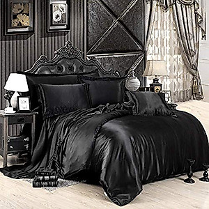 Ultra Soft Silk Like Satin 8 Piece Comforter Set ( Comforter + Duvet Cover + Flat Sheet + Fitted Sheet 15" Deep Pocket + 4 Pillow Cases ) Bedding Set Black , King