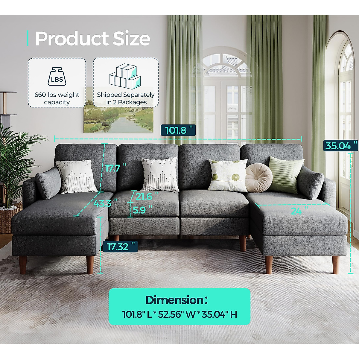 LINSY HOME Convertible Sectional Couch, Bouclé U-Shaped Sofa with Double Chaises and 2 Pillows, 4-Seat Modern Deep Oversized Couch for Living Room, Dark Grey