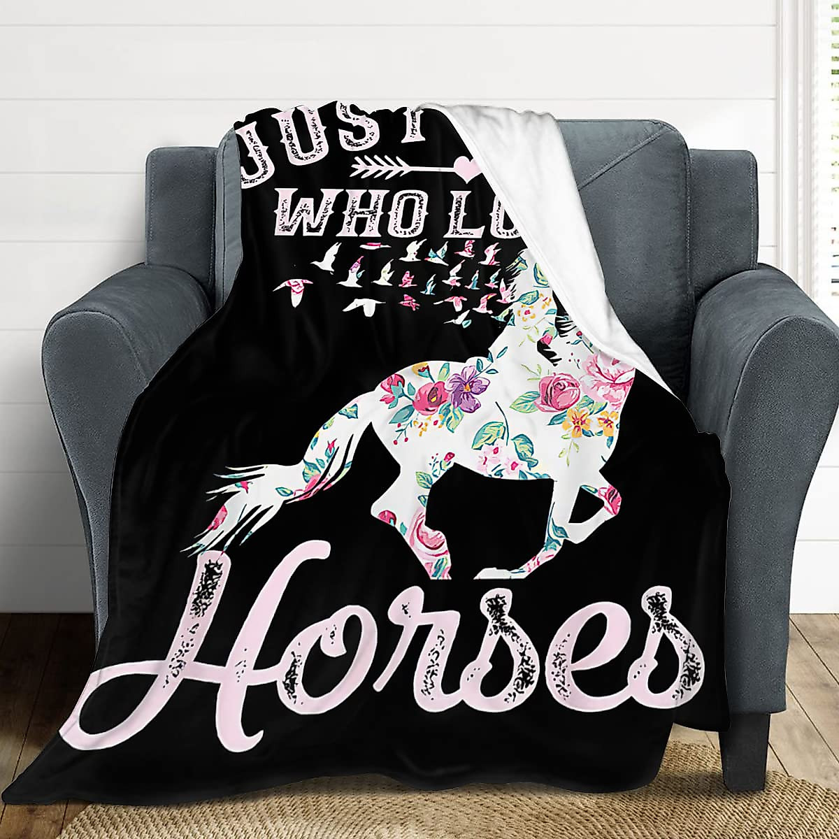 citari Just A Girl Who Loves Horses Blanket Horse Flower Throw Blanket for Girls Super Soft Warm Cozy Fleece Plush Bedding ​Blanket Horse Gifts for Women Kids Adults Couch Sofa 40"x50"