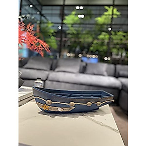 Konjouror Wooden Boat Tray Display, 2 Pack Blue Boat Model Decoration, Nautical Beach Ocean Decor