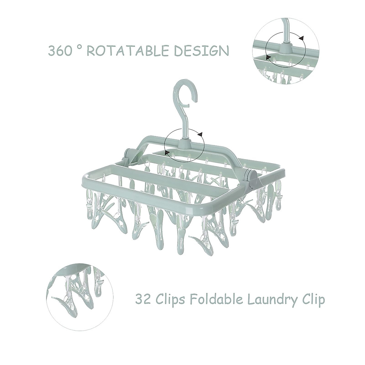 OIPKKUI Clothes Drying Racks, Foldable Laundry Drying Hanging Rack with 32 Clips Foldable Laundry Clip Hanger Underwear Hangers for Socks Towels Bras (Light Green)