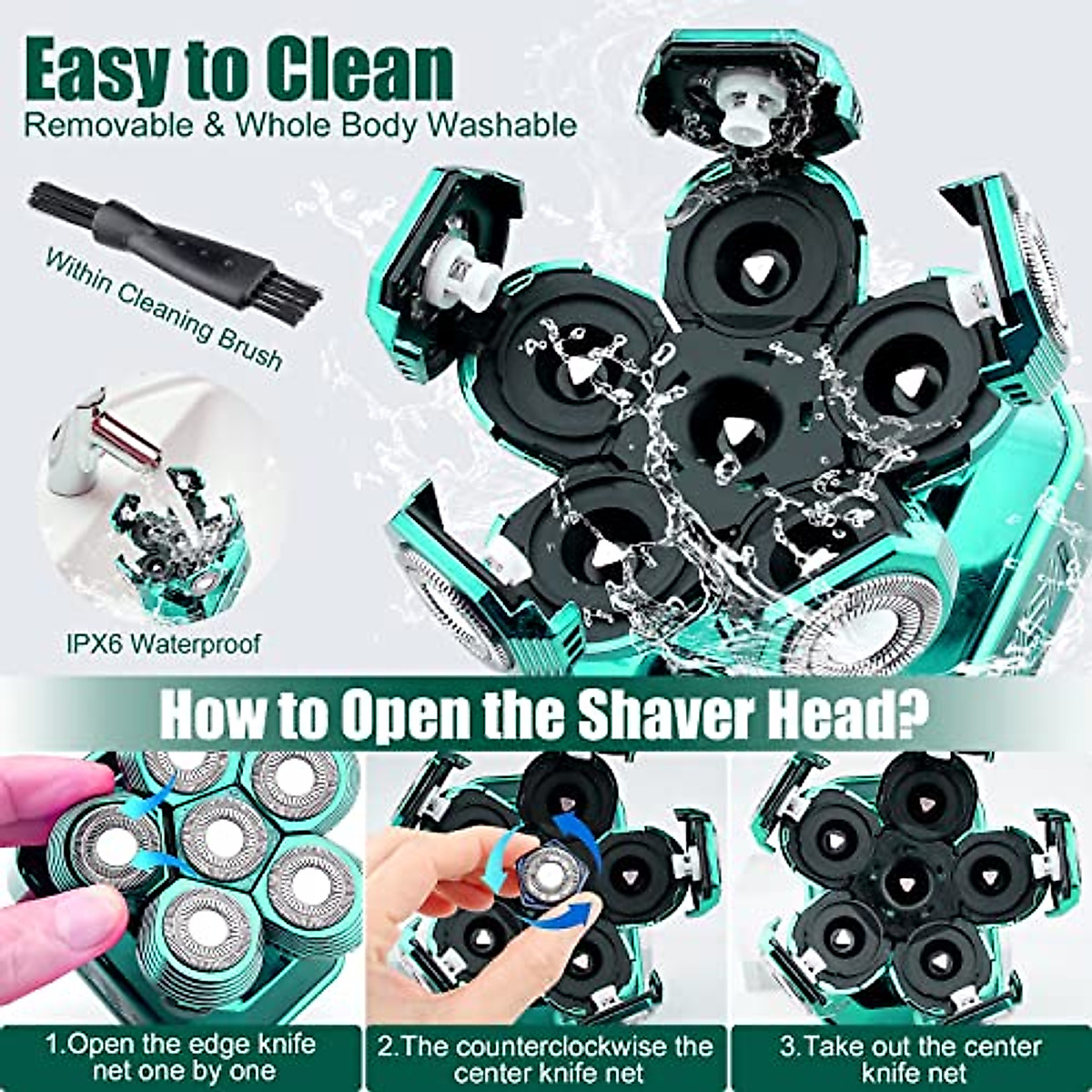 Head Shavers for Bald Men, 6-in-1 Electric Razor for Men, 7D Anti-Pinch Mens Grooming Kit with Nose Hair Trimmer, Beard Trimmer for Men, Waterproof & Rechargeable Electric Shavers Gift for Men