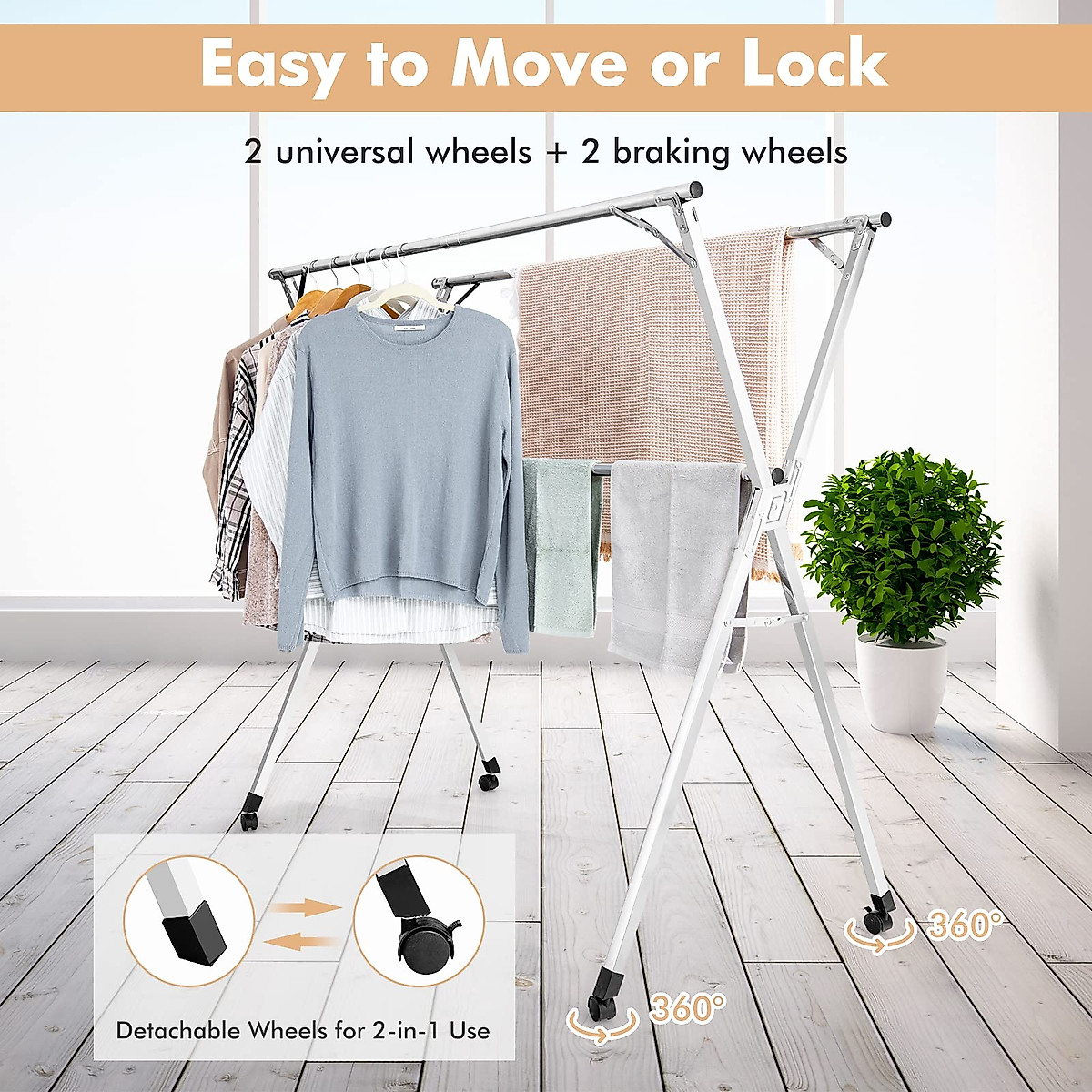 Nightcore Clothes Drying Rack, Stainless Steel Garment Rack with 4 Universal Wheels, Free of Installation, Foldable & Length Adjustable Hanger Rack for Indoor Outdoor