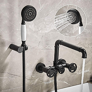 LUNEZY Black Tub Faucet Wall Mounted, Bathroom Tub Filler with Hand Held Shower Sprayer, Double Handle Bathtub Faucet Set, Industrial Style Bath Shower Mixer Tap
