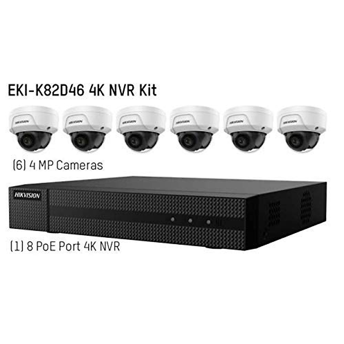 HIKVISION EKI-K82D46 8-Channel 4K POE NVR Value Express Kit with (6) 4MP Outdoor Network Dome Camera, (2.8 mm Fixed Lens), RJ45 Connections