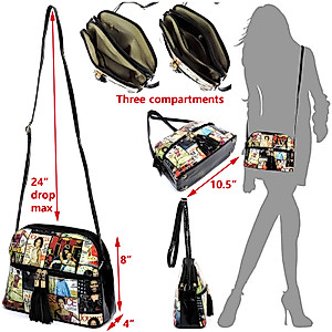 AMY&JOEY Glossy magazine cover collage multi compartments crossbody bag purses Michelle Obama bags with tassels (MULTI/RED)