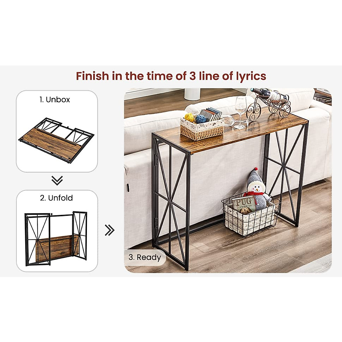 FurniturerR Computer Desk 39.4'' Folding Table Home Office Writing Desk Student Study Modern Laptop Desk Sturdy Work PC Table No Assembly Side Table Wooden Desk with Metal X-Frame, Brown