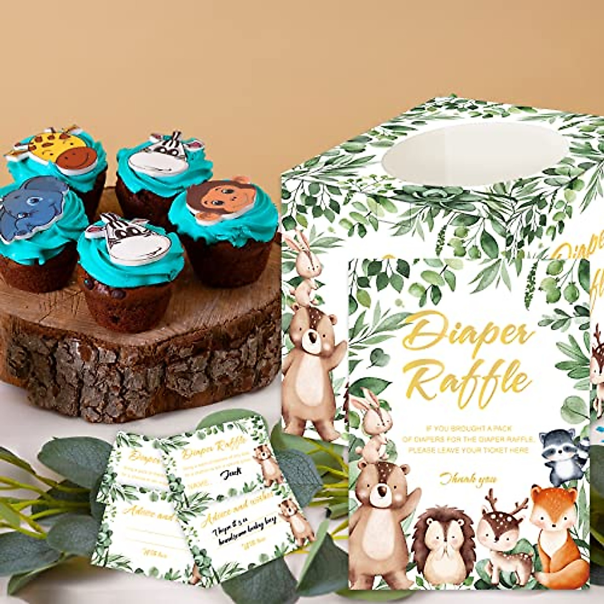HPMNS 52 PCS Woodland Diaper Raffle Tickets with Box for Baby Shower, Baby Shower Games Invitations Decorations for Boy or Girl with Diaper Raffle Cards Sign for Baby Shower Gender Reveal Party