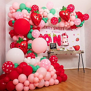 ALL-IN-1 Strawberry Balloon Arch Kit & Garland with BONUS Strawberry – Small and Large Red Pink Green Strawberry Balloons – Strawberry Shortcake Party Decorations Supplies for Birthday & Baby Shower