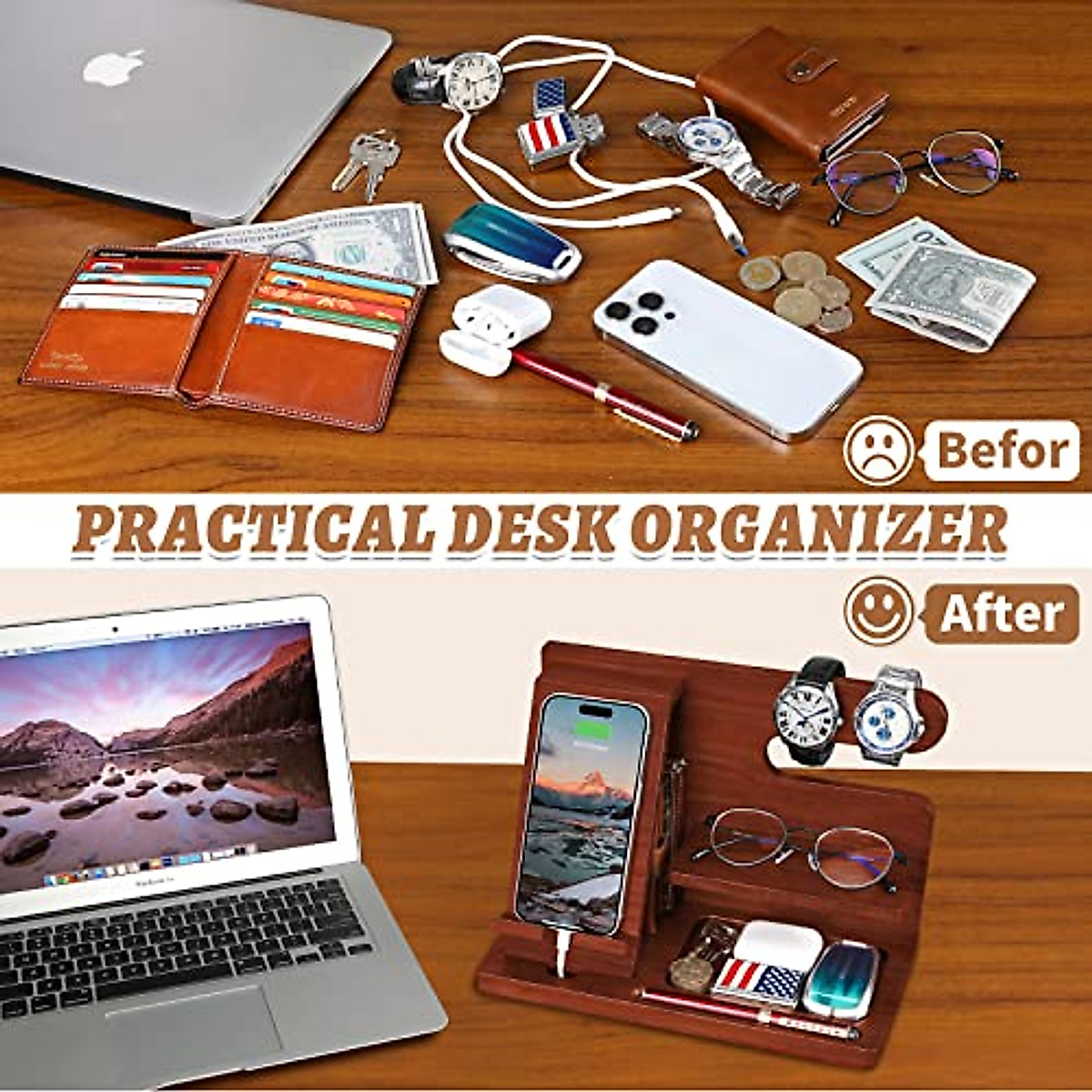 Gifts for Men Wood Phone Docking Station Gifts for him Husband Nightstand Organizer Cell Phone Stand Watch Holder Wallet Station Desk Organizers Gifts for Dad Birthday Gifts for Men