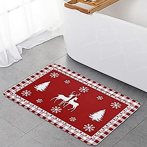 Christmas Bath Rugs Elk Deer Snowflake Sponge Doormat Absorbent Non Slip Backing Durable Soft Flannel Mat Reindeer Red Buffalo Plaid Christmas Memory Foam Mats for Bathroom Kitchen 18 x 30 inches