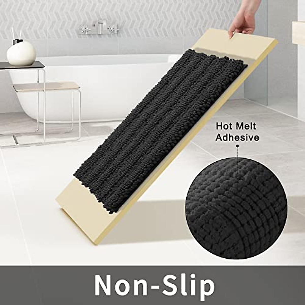 Yimobra Luxury Chenille Shaggy Bathroom Rug Set, 2 Pack Soft Fluffy Plush Bath Mat, Extra Thick, Non-Slip, Water Absorbent, Machine Washable, Bath Mats for Bathroom (Black, 20" x 32"+17" x 24")