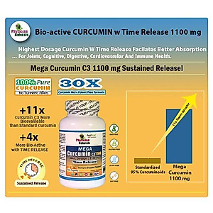 Physician Naturals Mega Curcumin C3 Time Release 1100 mg 100 Caplets Highest Dosage Ultra Pure Curcumin Turmeric Ext