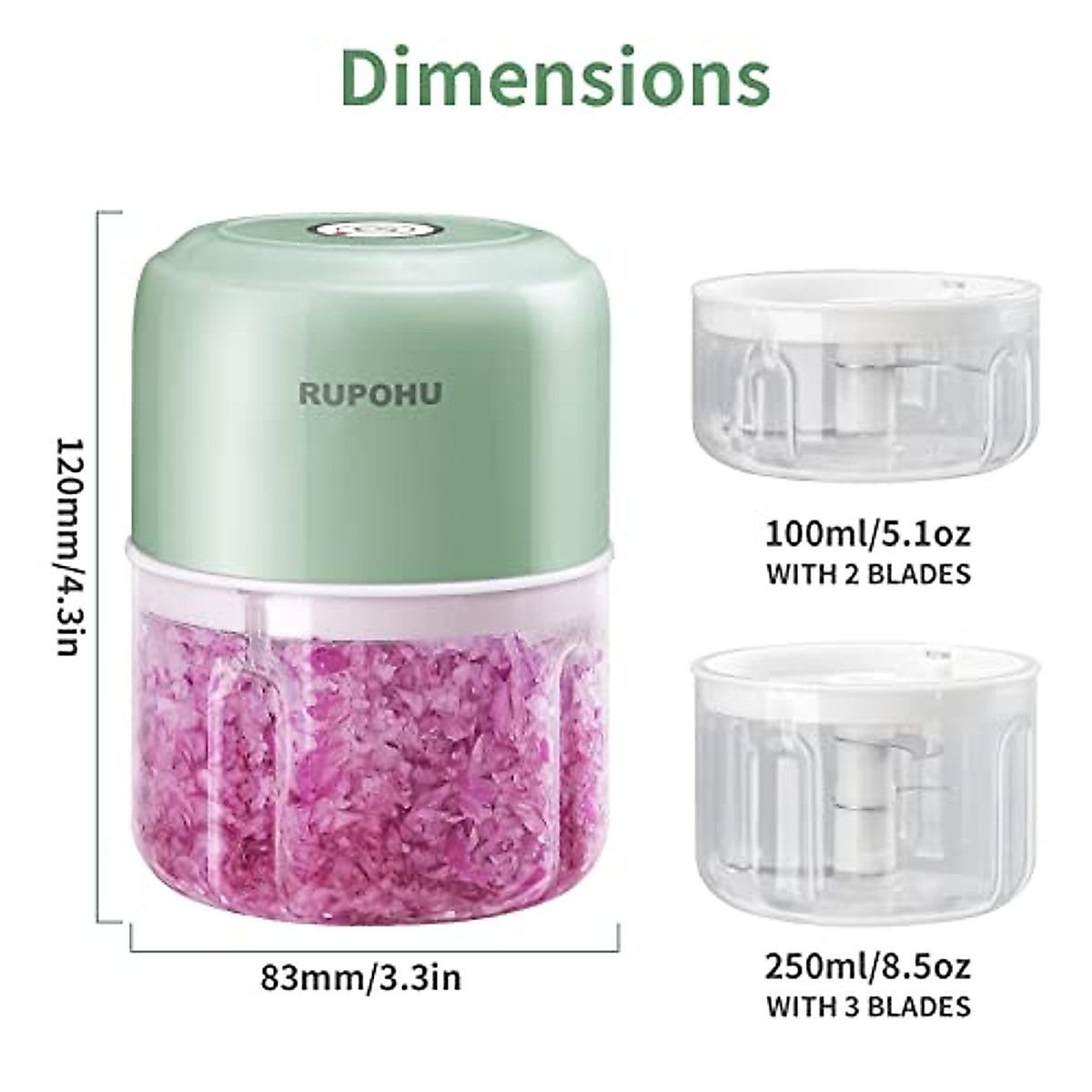 RUPOHU Wireless Electric Mini Food Choppers, Green Powerful Electric Garlic Chopper，Small Food Processor For Garlic Pepper Chili Onion Celery Ginger Meat with Spoon and Brush（100+250ml)