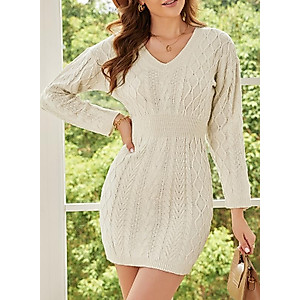 Dokotoo Women White Sweater Dress Long Sleeve V Neck Slim Fit Bodycon Sexy Dress Cable Knit Chunky Warm Winter Pullover Elegant Knitted Fall Jumper Sweaters Large