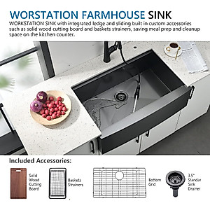 30 Inch Black Undermount Farmhouse Kitchen Sink, 30 x 22 x 10 Inch Farm Workstation Kitchen Sink 16 Gauge Stainless Steel Apron Front Black Kitchen Sink with Accessories