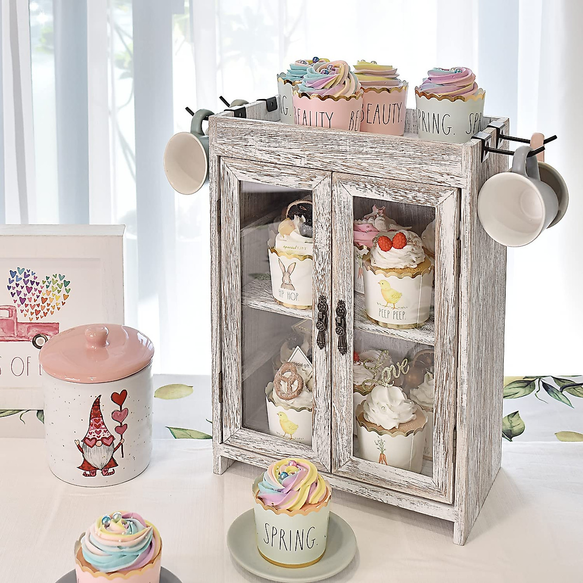 Ikee Design Small Wooden Countertop Storage Cabinet with Adjustable Shelves and Removable Hooks, Perfect for Perfume, Pantry, Essential Oil, 10.4W x 6.1D x 14.4H in, Antique White