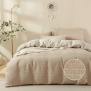 JELLYMONI Khaki Duvet Cover Full Size - 3 Pieces Soft and Breathable Microfiber Knitted Jacquard Waffle Weave Striped Comforter Cover with 8 Corner Ties & Zipper Closure