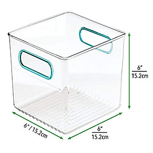 mDesign Plastic Storage Organizer Container Cube Bin Holders with Handles - for Bathroom Vanity Countertops, Shelves, Cabinets Organization - 4 Pack - Clear/Blue
