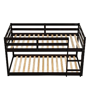 VilroCaz Twin Over Twin Floor Bunk Bed, Solid Wood Low Bunk Bed Frame with Built-in Ladder for Kids Teens Boys Girls, Strong Wood Slats Support (Espresso-K3)